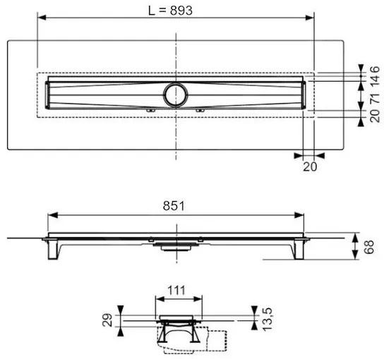 Tece Drainline-Evo Sprchový žlab pro montáž ke zdi, 90 cm 600903