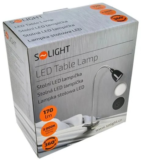 SOLIGHT LED stolní lampička 2,5W/3000K/170Lm, černá s klipem