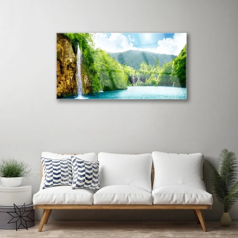 Obraz na skle Hory Les Jezero Příroda 125x50 cm