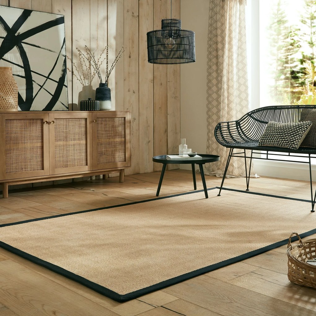 Kusový koberec Herringbone Border Kira Black, 200x290, béžová, chodba / predsieň, Flair Rugs
