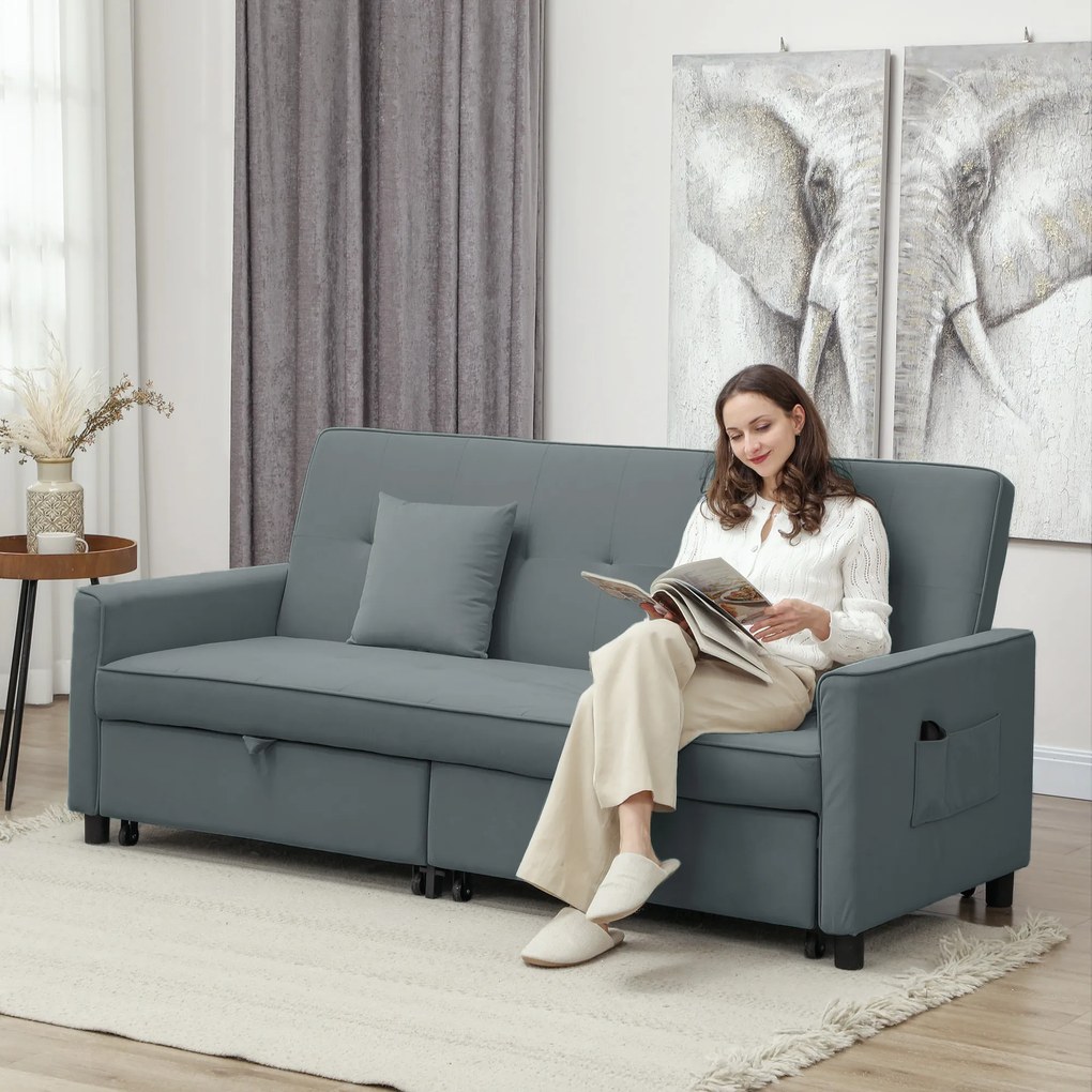 HOMCOM 3-místná rozkládací pohovka Clic-Clac s nastavovacími opěrkami a polštáři, moderní pohovka s sametovým vzhledem pro obývací pokoj a hostinskou…