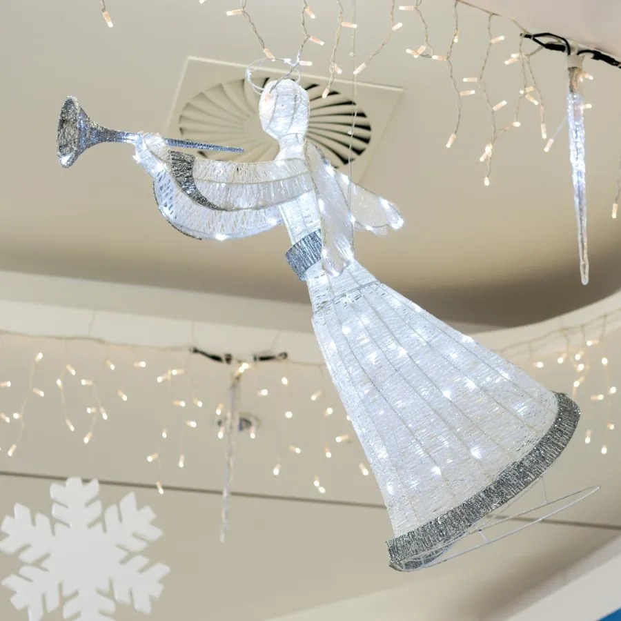3D LED svítící anděl s trubkou, 122 cm, venkovní, ledově bílá s Flash, 120 LED, IP44