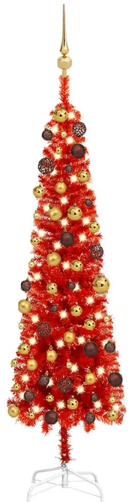 3078040 vidaXL Úzký vánoční stromek s LED diodami a sadou koulí červený 150 cm