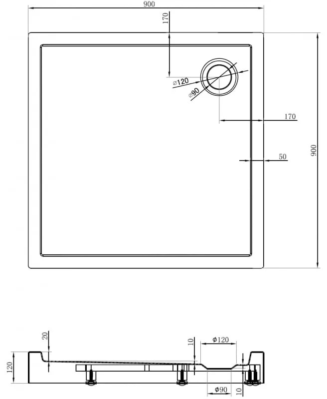 Mexen Flow+, čtvercová sprchová vanička 90 x 90 cm, bílá lesklá, 46S109090H