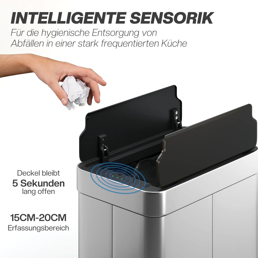 Senzorový odpadkový koš, objem 55 l, motýlkové víko, automatické otevírání, nerezová ocel, stříbrná barva