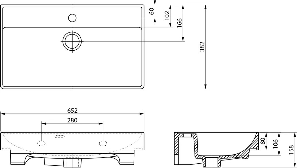 Aqualine Parla umyvadlo obdélníkové 65 x 38 cm s otvorem pro baterii s přepadem karamické bílá 9965