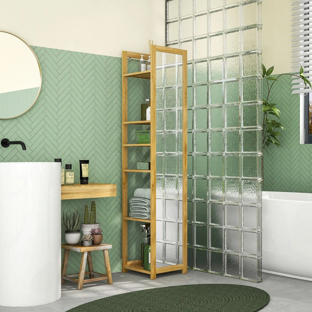 HOMCOM Koupelnová sloupová skříň s zrcadlem a 6 policemi v přírodním bambusu, 35D x 35Š x 168V cm