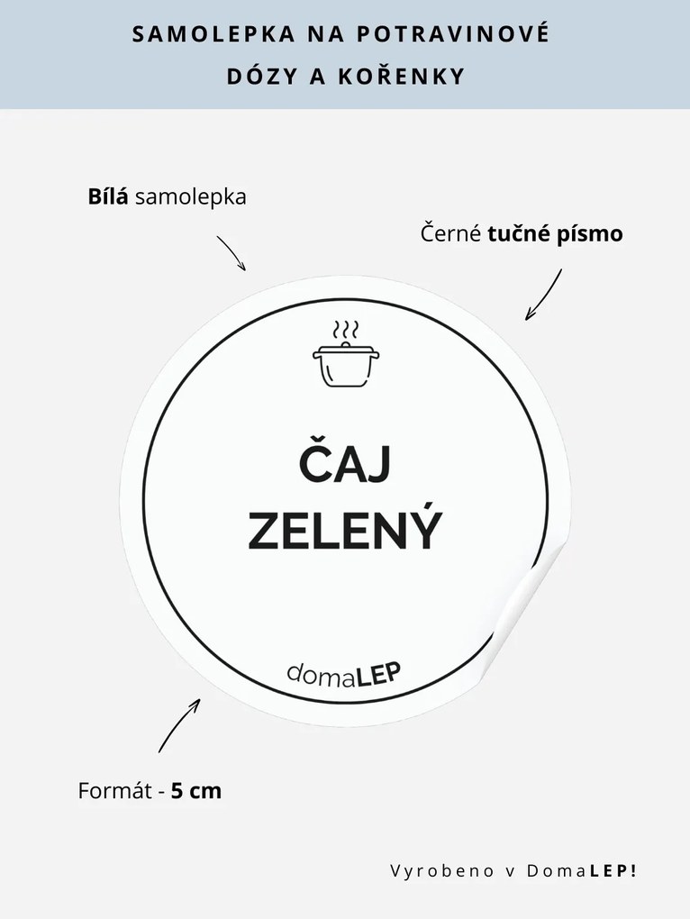 ČAJ ZELENÝ – bílá samolepka na dózu, tučné písmo, 5 cm | DomaLEP
