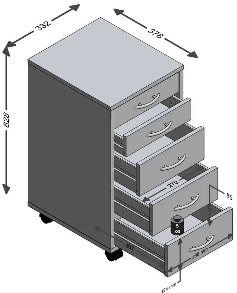 FMD Mobilní skříňka s 5 zásuvkami dub