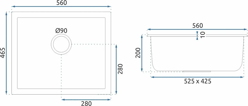 Rea Nels, 1-komorový granitový dřez 560x465x200mm, černá, ZLE-00109