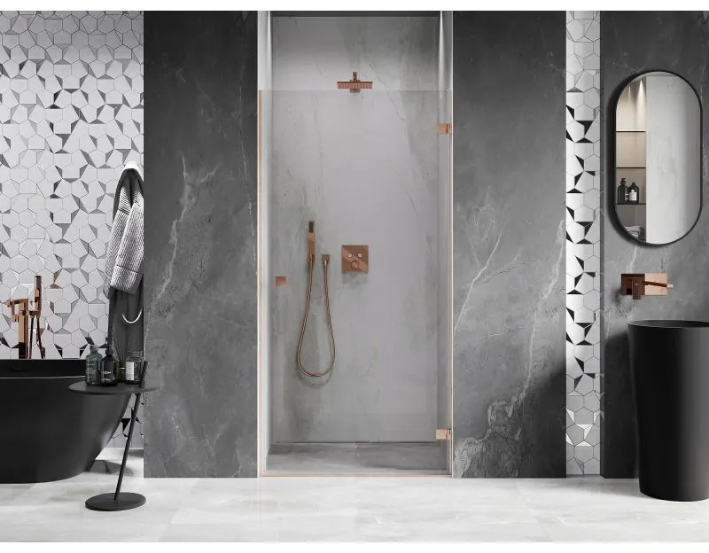 Mexen Lunar-B, výklopné pravé sprchové dveře 65 cm, 8mm čiré sklo, měděný matný profil, 832-065-000-65-00-P