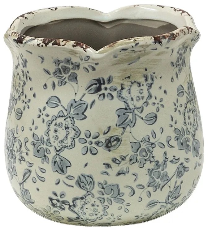 Retro béžový květináč se šedými květy Soleil M – 15x14 cm