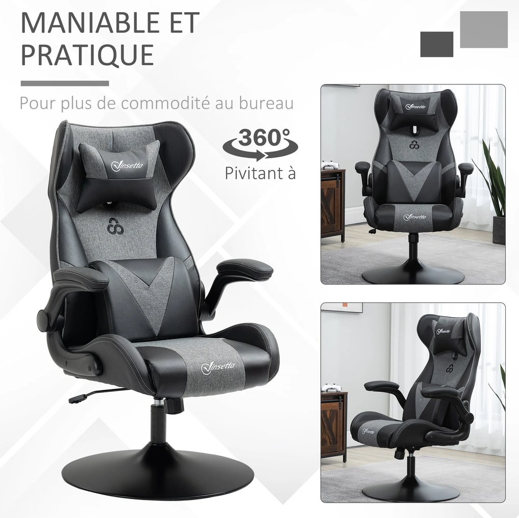 Ergonomická herní židle Vinsetto s nastavitelnou výškou, kulatou základnou, sklápěcími opěrkami, podhlavníkem a bederními polštáři, PU šedá černá | Ao