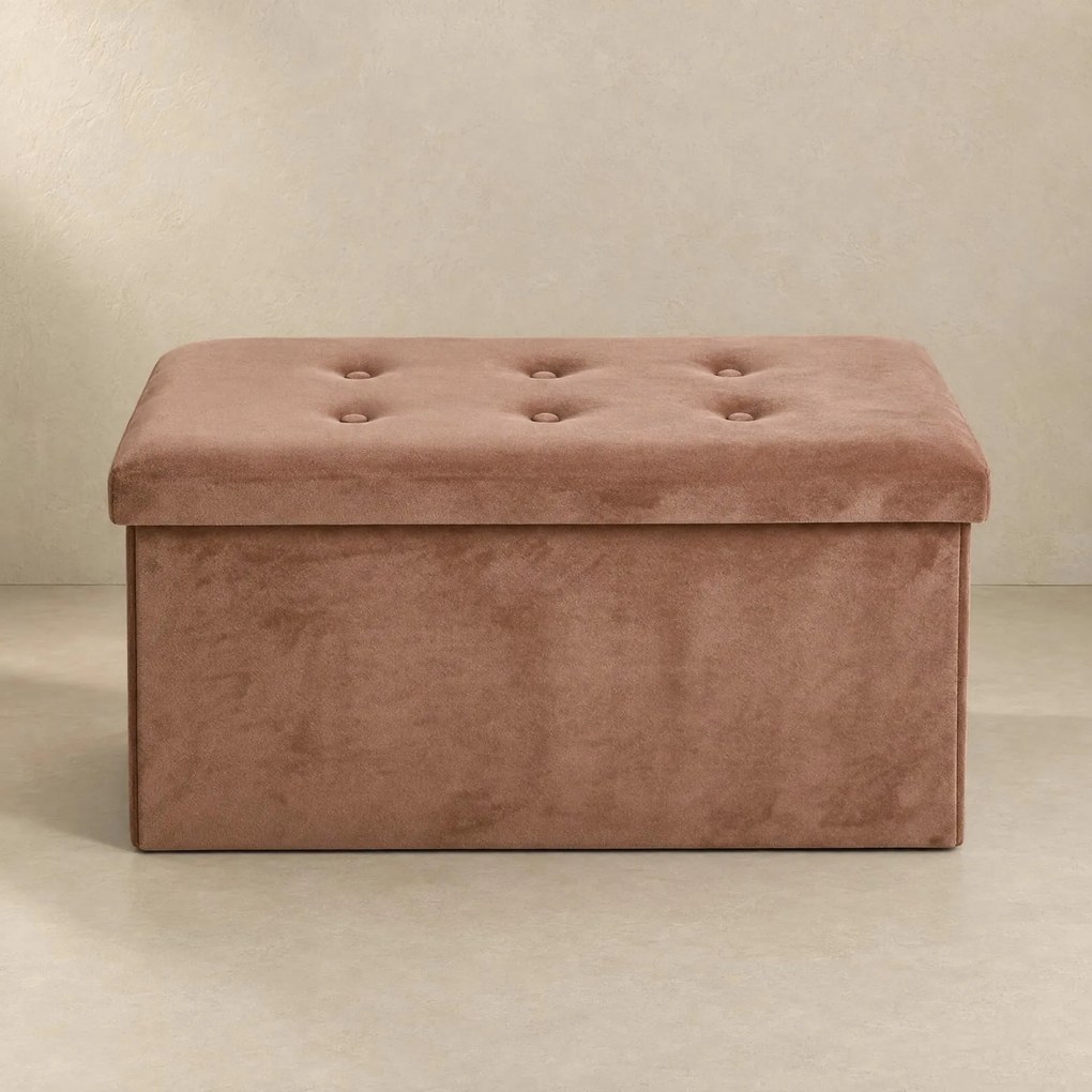 Obdélníkový velurový taburet s úložným prostorem, skládací, 76 × 38 × 38 cm, hnědý