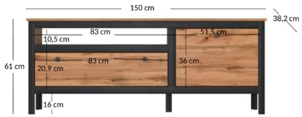 TV stolek 1d1s/150 dub wotan / černý Loft Mebel Bos