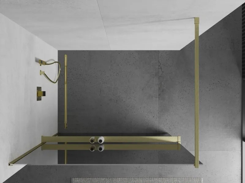 Mexen Kioto+, sprchová zástěna Walk-In s poličkou a věšákem 140 x 200 cm, 8mm sklo vzor zrcadlo, zlatý matný profil, 800-140-121-55-50