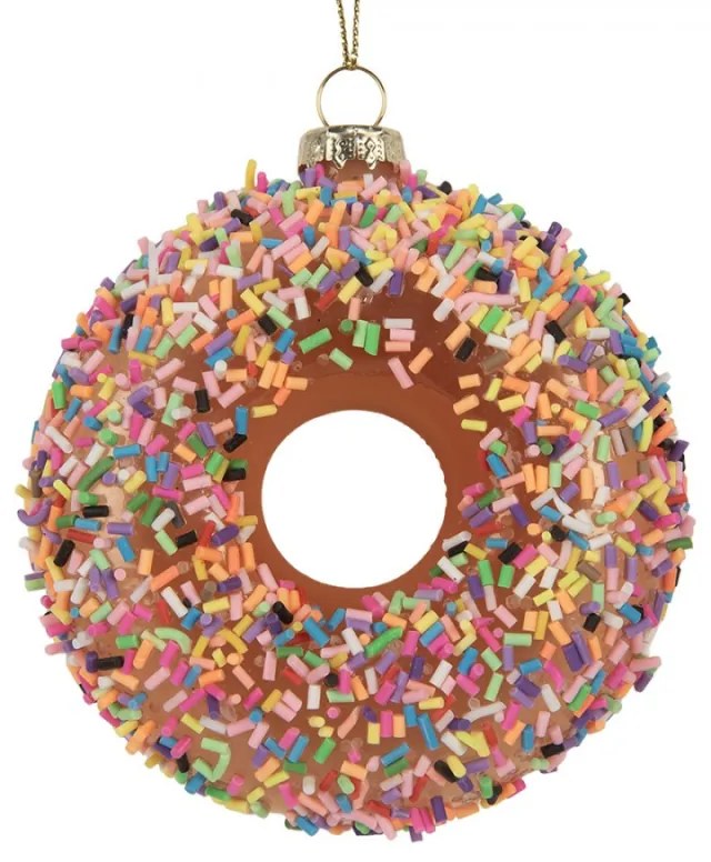 Skleněná vánoční ozdoba kobliha / donut s duhovou posypkou – 9x4 cm