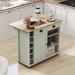HOMCOM kuchyňský ostrov se skládací pracovní plochou, kuchyňský vozík na kolečkách s 2 zásuvkami, držák na ručníky, světle zelená