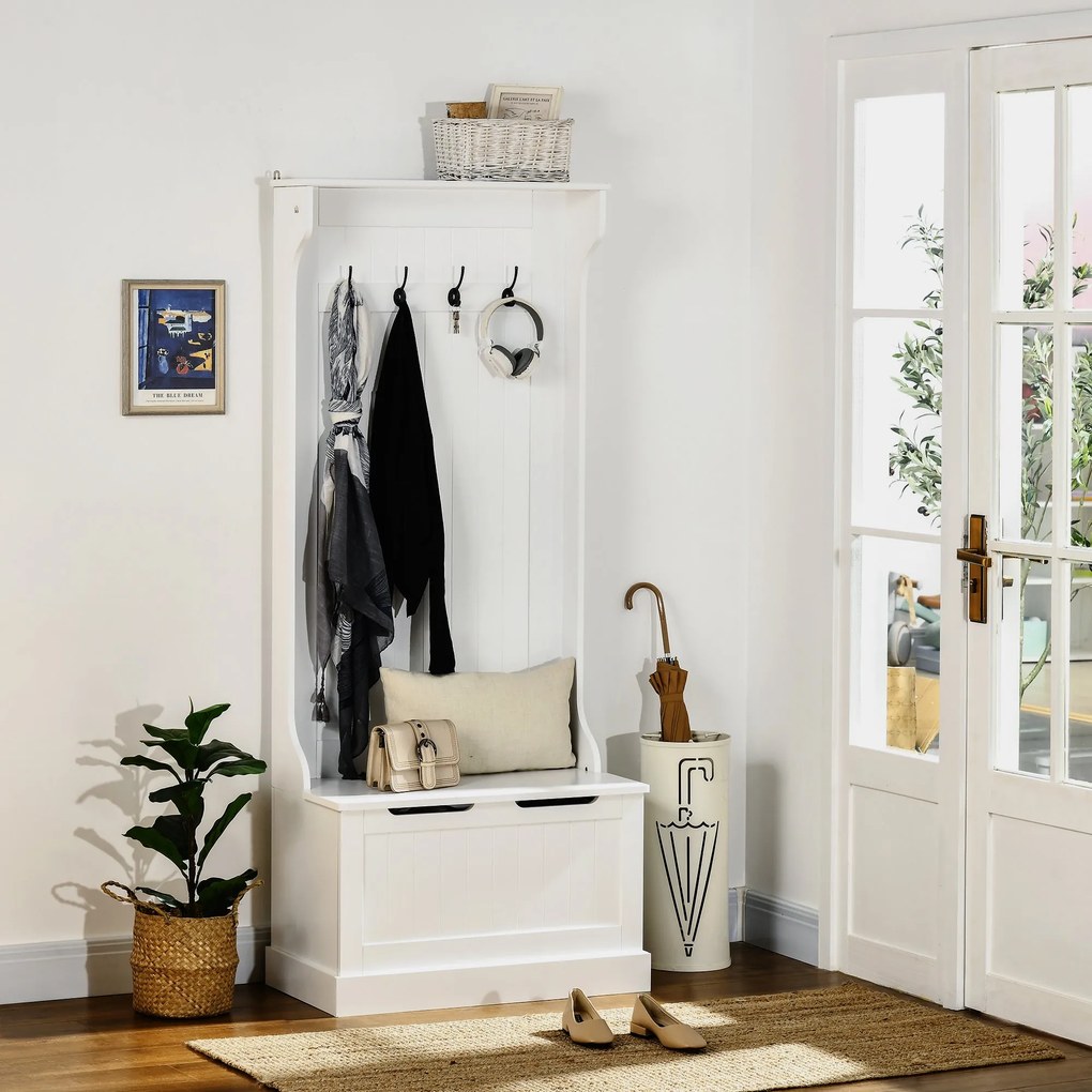 HOMCOM Moderní 3-in-1 volně stojící stojan na kabáty s 4 háčky, úložná lavice a ramínko na kabáty, úsporný vstup, chodba, nábytek do ložnice z dřeva,…