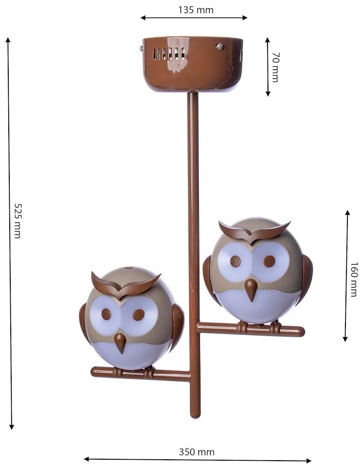 Dětské stropní svítidlo Owl, 2x hnědé plastové stínítko, br