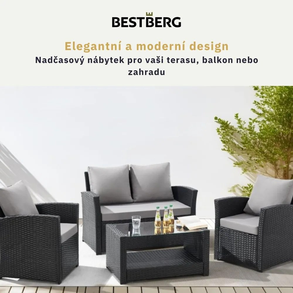 4dílná sada zahradního ratanového nábytku BestBerg Roma BBRF-1005BL / černá/šedá