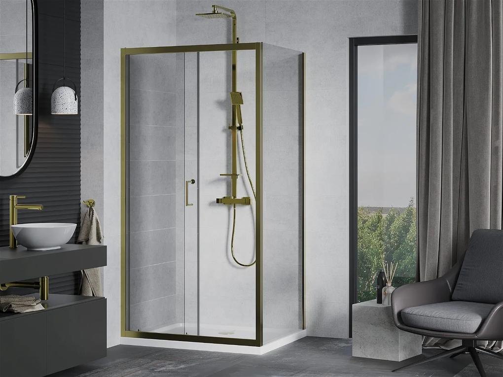 Mexen Apia sprchový kout s posuvnými dveřmi 90 (dveře) x 80 (stěna) cm, 5mm čiré sklo, zlatý profil + bílá sprchová vanička SLIM, 840-090-080-50-00-4010G