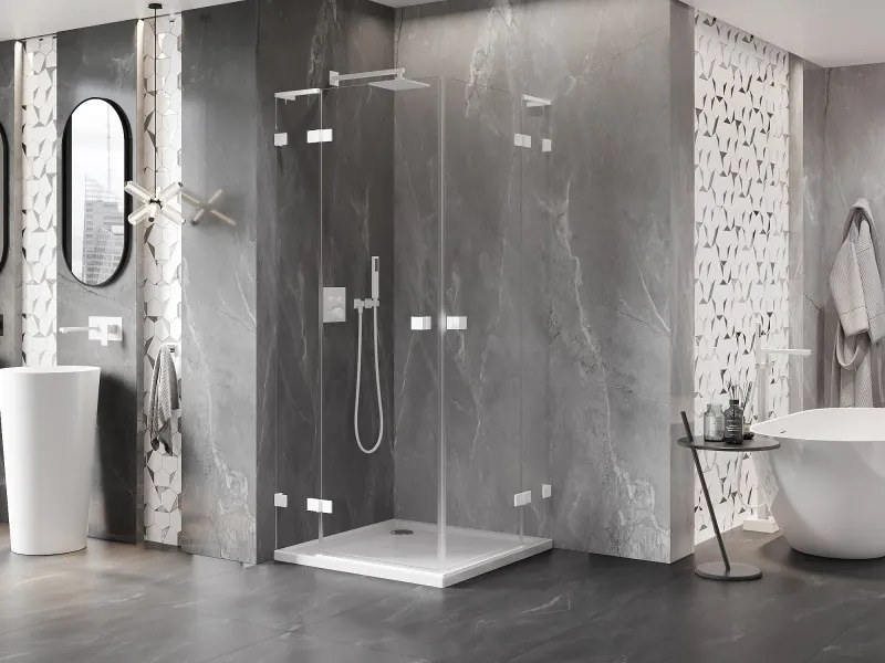 Mexen Lunar, L Duo výklopný sprchový kout 70 x 70 cm, 8mm čiré sklo, bílý profil, 834L-070L-070P-20-00