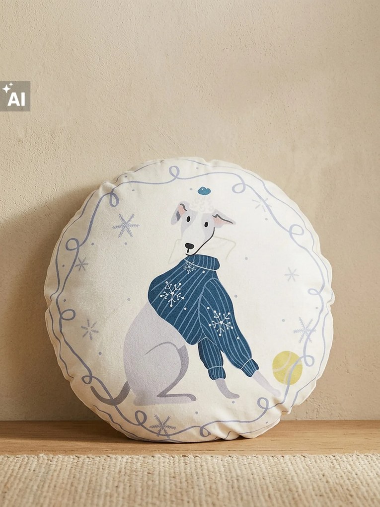 Sinsay - Kulatý dekorativní polštář s potiskem chrta - modrá