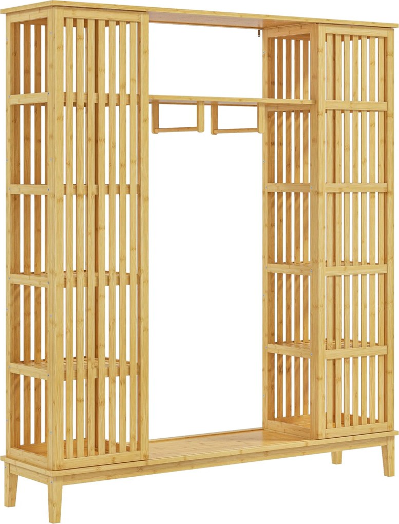 HOMCOM Bambusová skříň na oblečení se 2 posuvnými dveřmi, otevřenými policemi a tyčí do ložnice, 145 x 35 x 165 cm, přírodní dřevo | Aosom