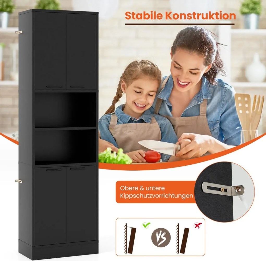 Costway 190 cm vysoká kuchyňská skříň, úložná vysoká s dvířky, černý
