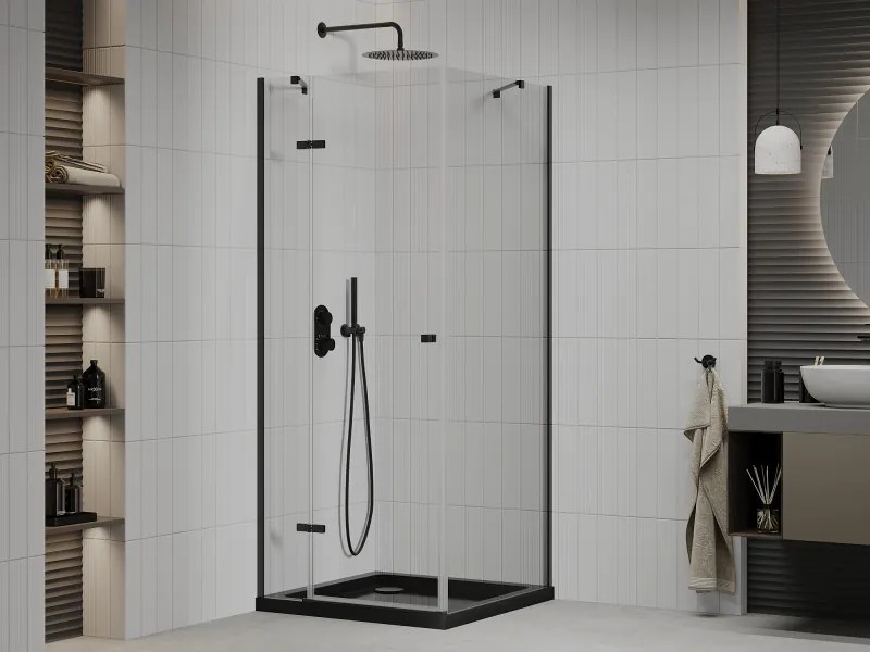 Mexen Roma, sprchový kout s 1-křídlými dveřmi 80 (dveře) x 80 (stěna) cm, 6mm čiré sklo, černý profil, slim sprchová vanička 5cm černá s černým sifonem, 854-080-080-70-00-4070B