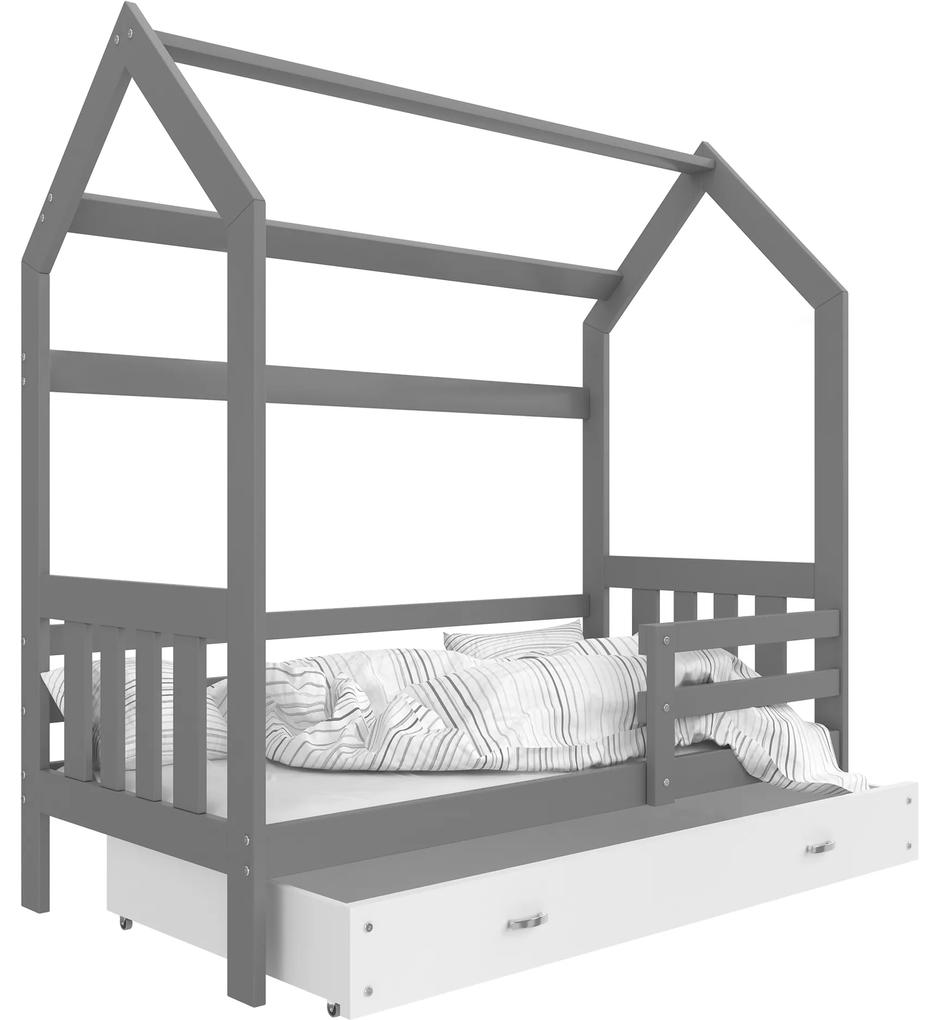 Dětská postel domeček se zábranou, úložným prostorem a matrací ZDARMA 160 x 80 cm - ŠEDÁ
