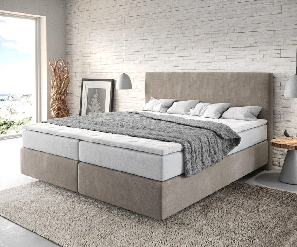 DELIFE Boxspring postel Dream-Well 180x200 cm mikrovlákno béžová s taštičkovou pružinovou matrací a visco topperem