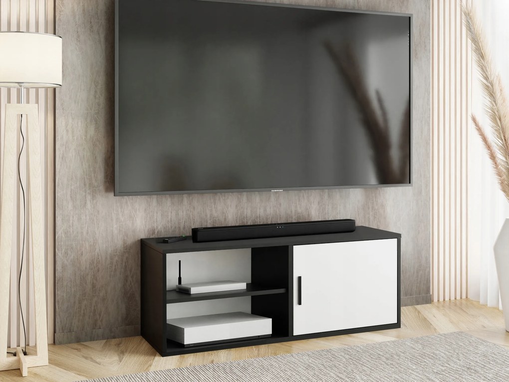 TV skříňka ROJO 2 černý + bílý otevřená TV skříňka s policí