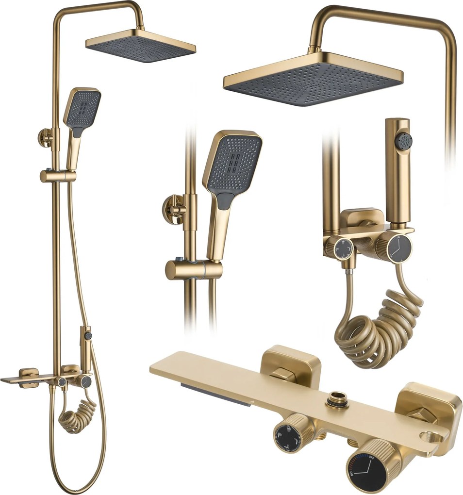 Rea Helix, nástěnný sprchový set s termostatickou baterií a bidetovou sprškou, zlatá matná, REA-P6621