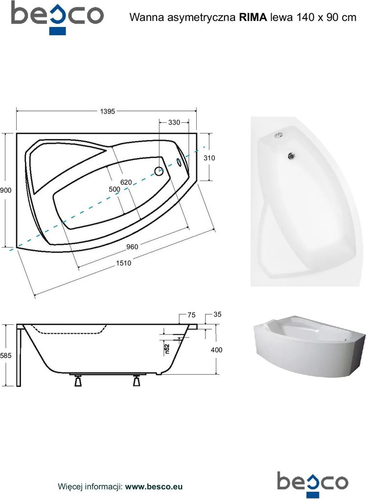 Besco Rima asymetrická vana 140 x 90 cm levá akrylát bílá VANRIM140L