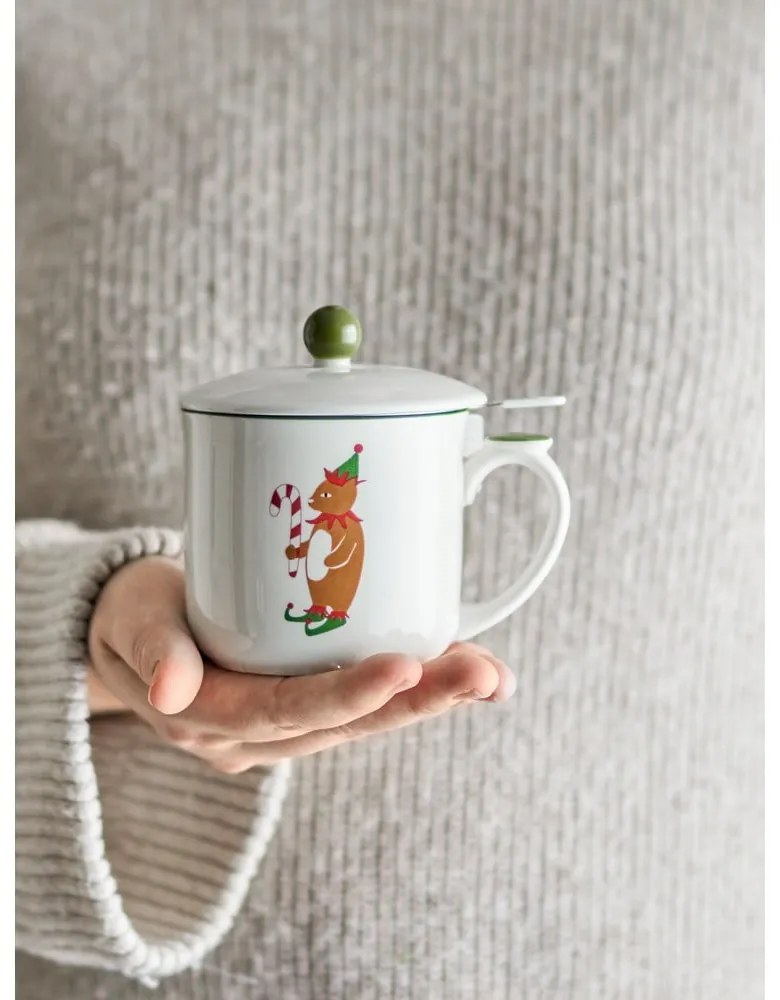 Krémový hrnek s vánočním motivem se sítkem z kameniny 300 ml Valentin – Bloomingville