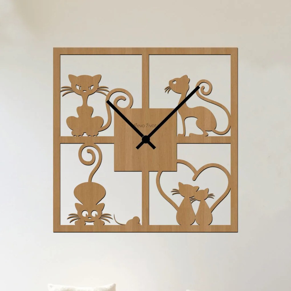 dřevo života Nástěnné hodiny KOČKY Zvolte barvu dekoru: Ořech, Zvolte velikost hodin (cm): 35x35, Barva ručiček: Zlaté