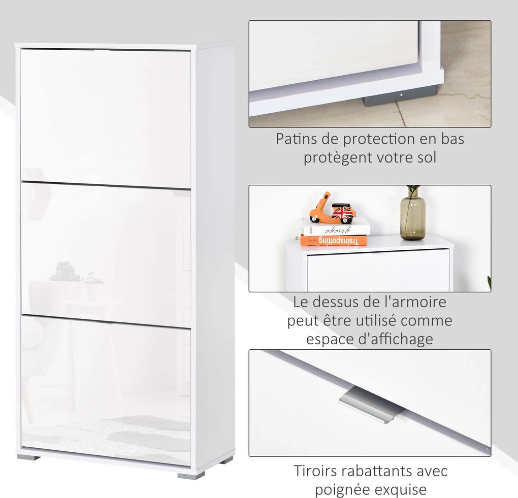 HOMCOM Skříň na boty s 3 výklopnými dvířky a 3 přihrádkami, dřevo 60L x 26Š x 124V cm, vysoce lesklá bílá