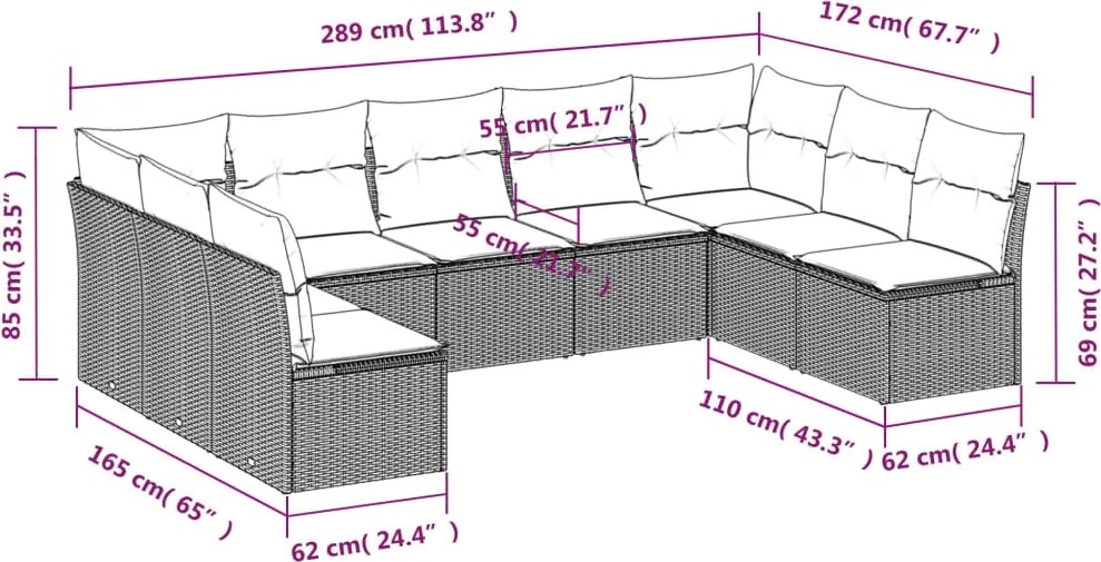 9dílná zahradní sedací souprava s poduškami béžová polyratan 3218069