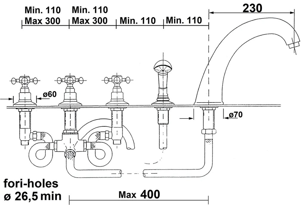 Reitano Rubinetteria ANTEA pětiprvková retro baterie na okraj vany, chrom/zlato 3312
