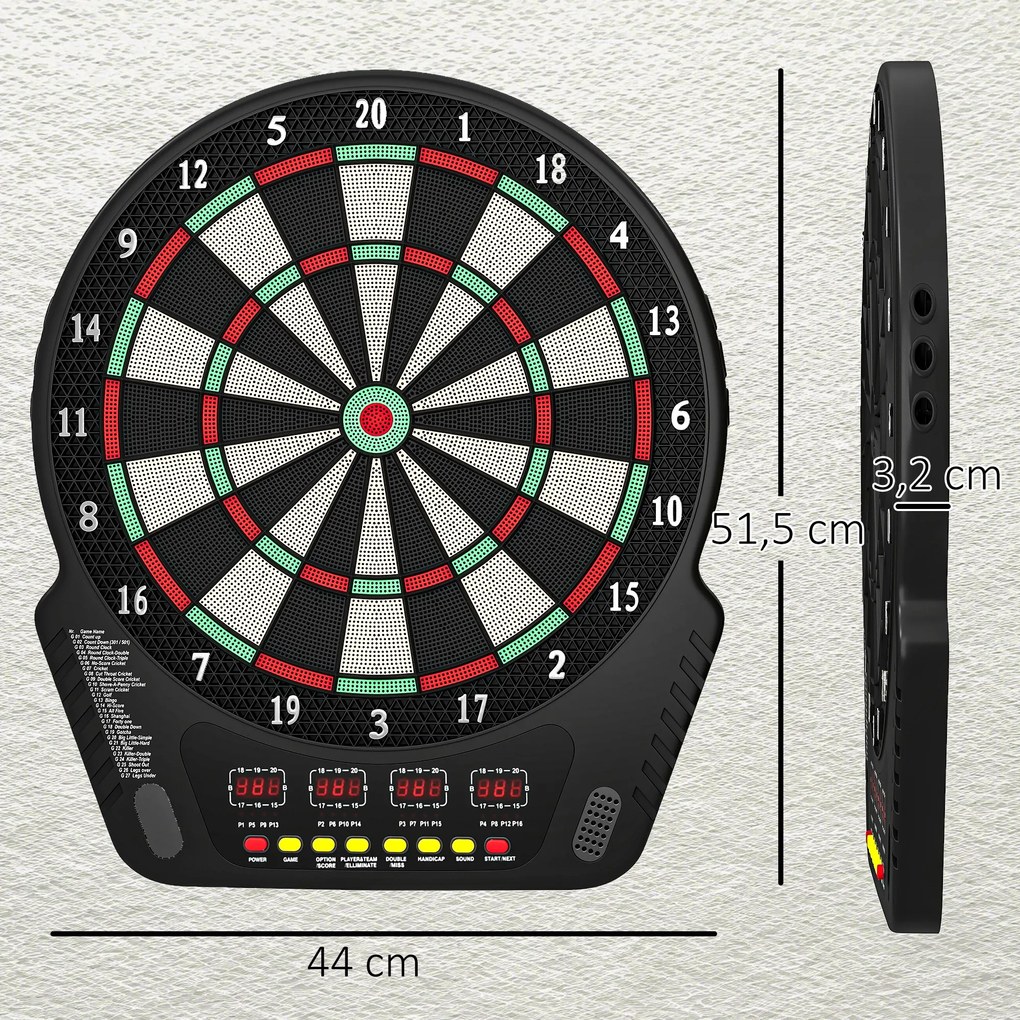 Elektronický šipkový terč HOMCOM s 6 šipkami a 24 šipkovými hlavicemi 27 her 243 možností zásahů 44 x 51,5 x 3,2 cm pro zábavu i soutěže