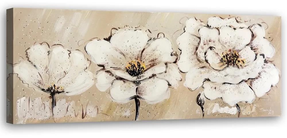Obraz na plátně, Béžové květiny malované - 90x30 cm