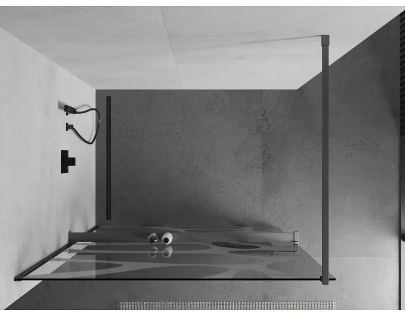 Mexen Kioto+, sprchová zástěna Walk-In s poličkou a věšákem 110 x 200 cm, 8mm čiré sklo bílý vzor, grafitový profil, 800-110-121-95-97