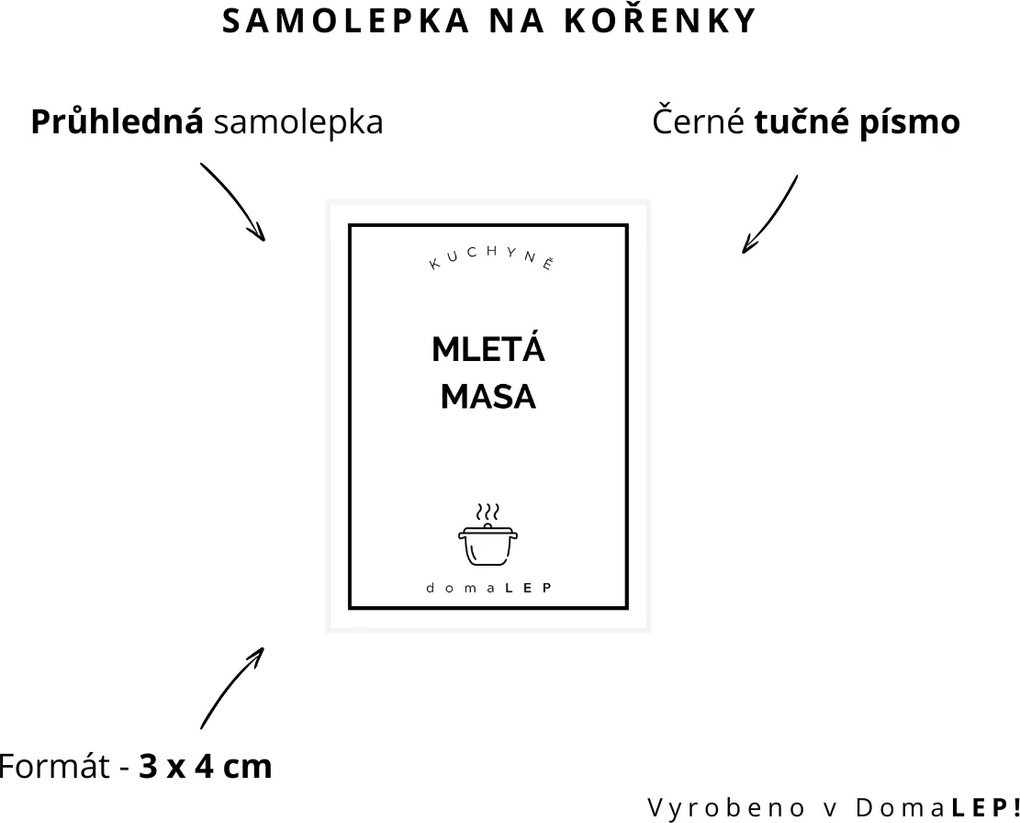 MLETÁ MASA - Samolepka na kořenky 3 x 4 cm - DomaLEP varianta: PRŮHLEDNÁ - tučné písmo