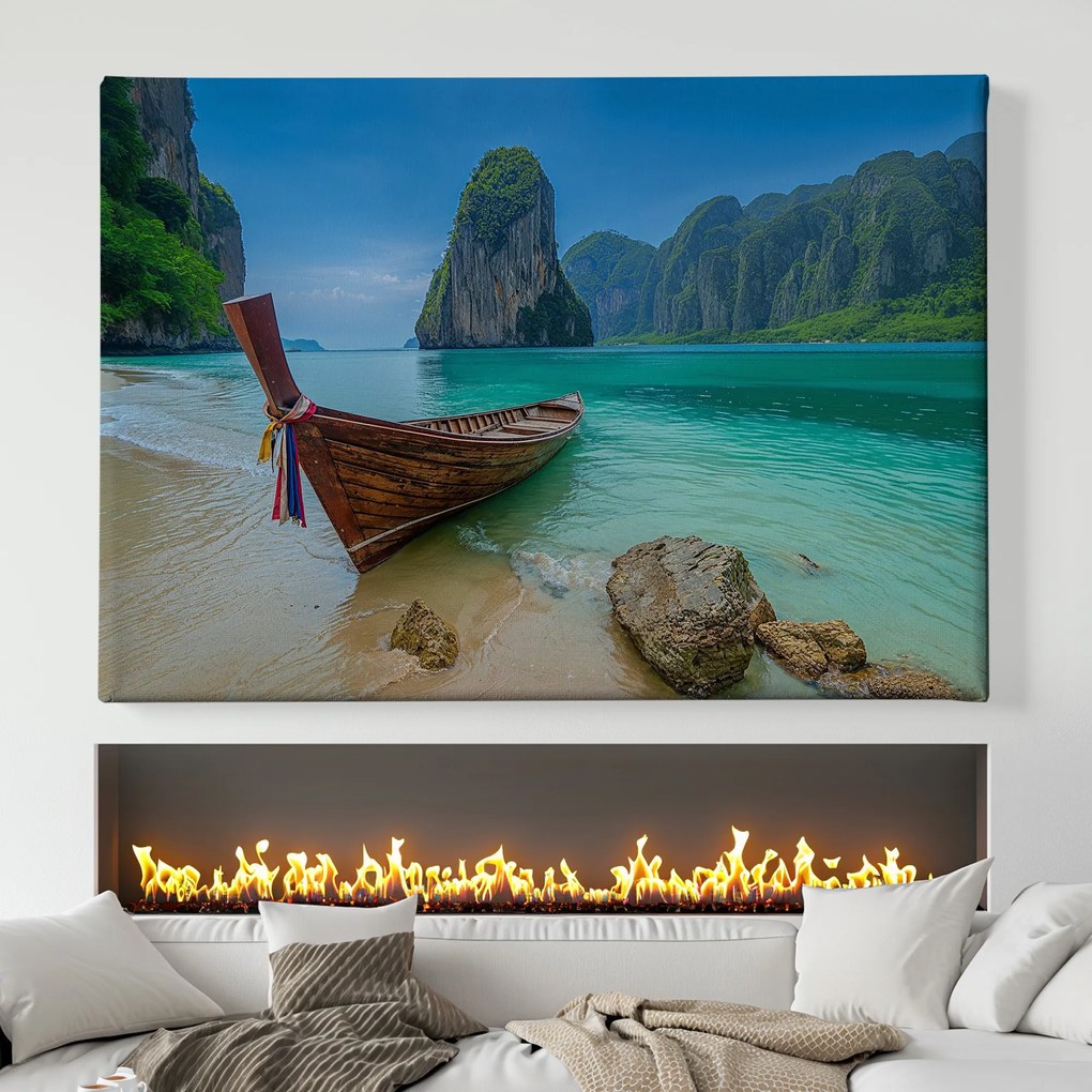 Obraz na plátně - Na dřevěné loďce v průzračných vodách FeelHappy.cz Velikost obrazu: 180 x 120 cm