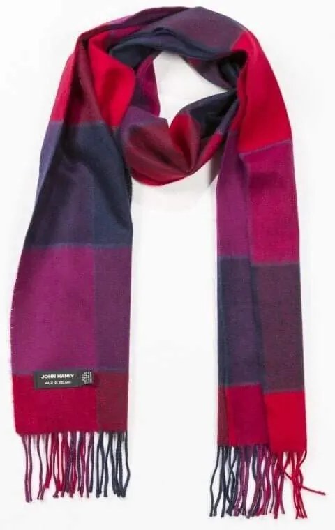 Šála z Merino vlny Red Pink Navy Block Check 180x30 cm John Hanly