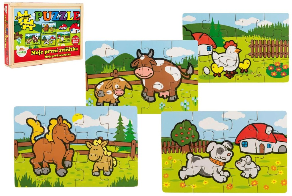 Puzzle dřevěné Moje první zvířátka 4x12 dílků 20x14x3,5cm v dřevěné krabičce 24m+ MPZ