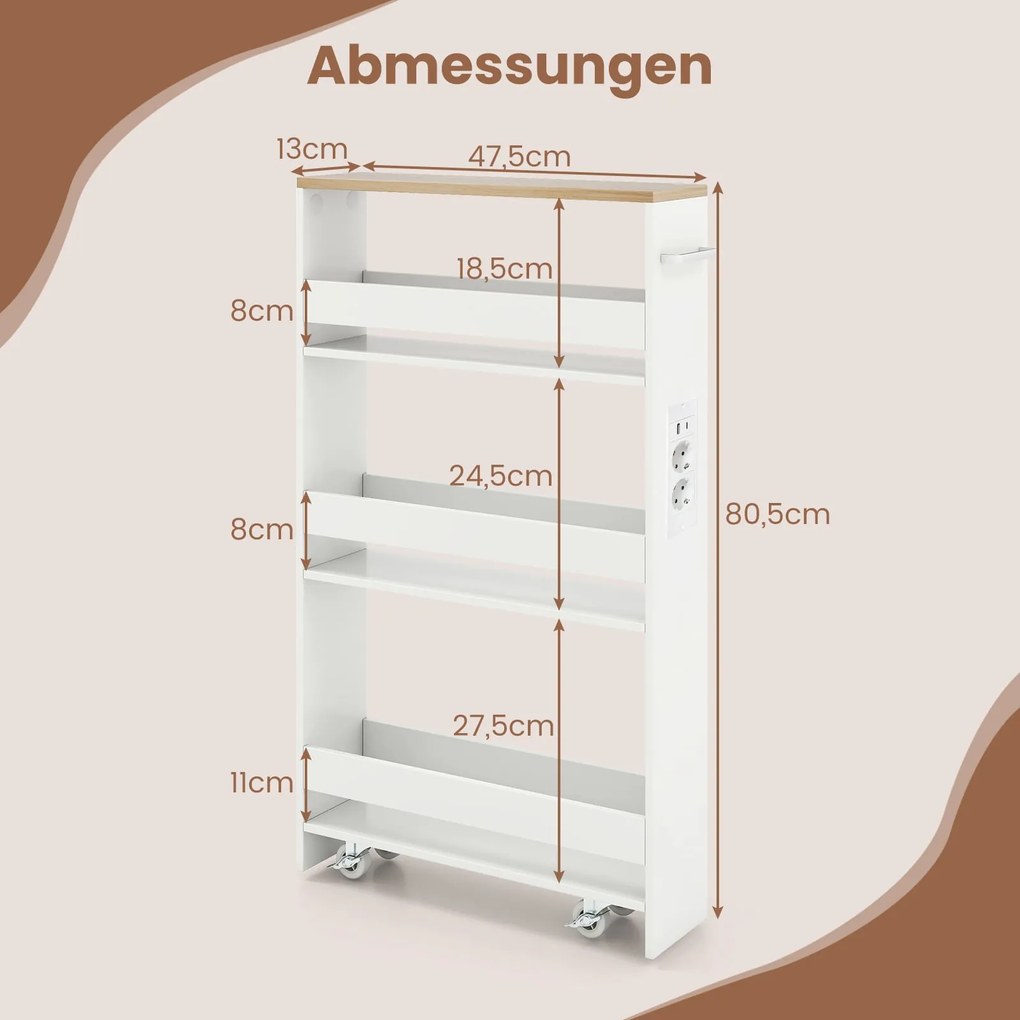 Costway 13 cm tenký úložný vozík s nabíjecí stanicí 4patrový rolovací kuchyňský