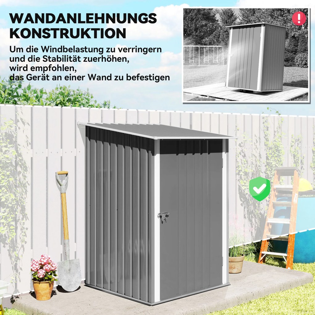 Outsunny ocelový přístřešek na nářadí 0,92 m² Uzamykatelný zahradní přístřešek s jednoplášťovou střechou, 100x103x160cm, šedý